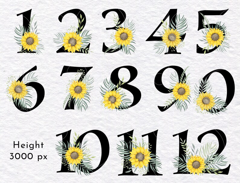 Watercolor Numbers Clipart, Sunflower Numbers, Floral Number Clipart ...