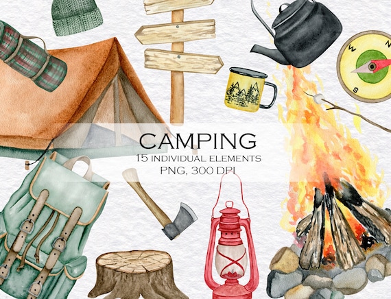 Watercolor Camping Clipart / Hand Drawn Elements / Forest - Etsy