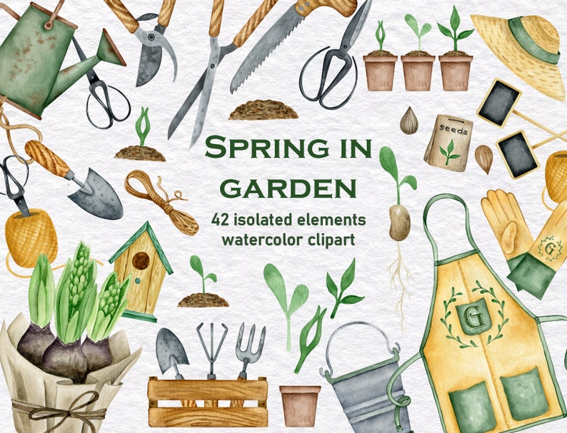 Gardening Tools, Garden Equipment, Watercolor Clipart, Cottagecore ...