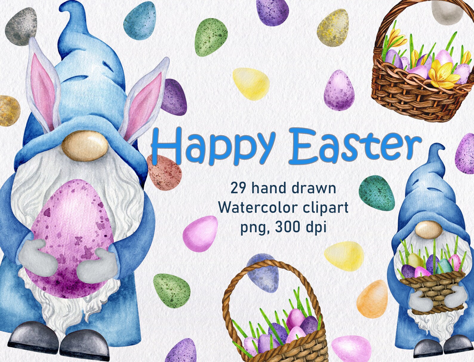 Watercolor Clipart. Easter Gnome Easter Basket Easter Eggs - Etsy