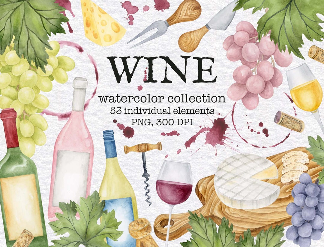 Watercolor Wine Clipart, Wine and Cheese, Wedding Clipart, Wine Glasses ...