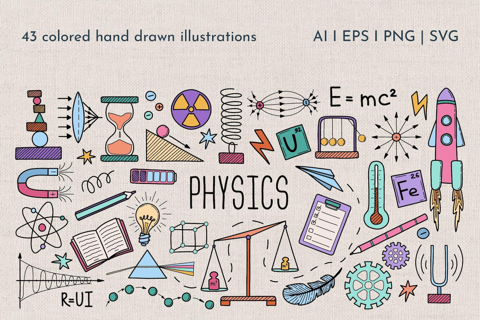 Physics School Elements. Hand Drawn Vector Doodle Clipart. Science ...