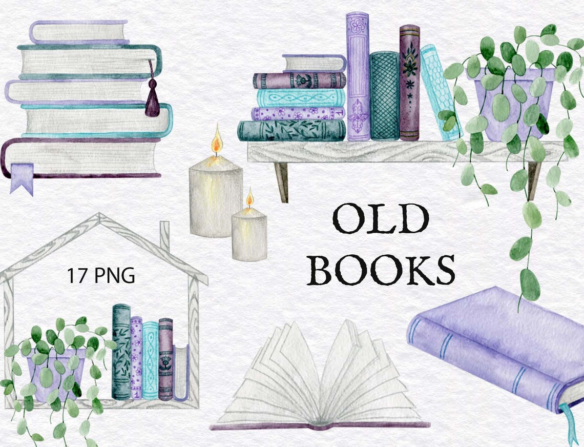Vintage Books Watercolor Clipart. Back to School Clipart. Library ...