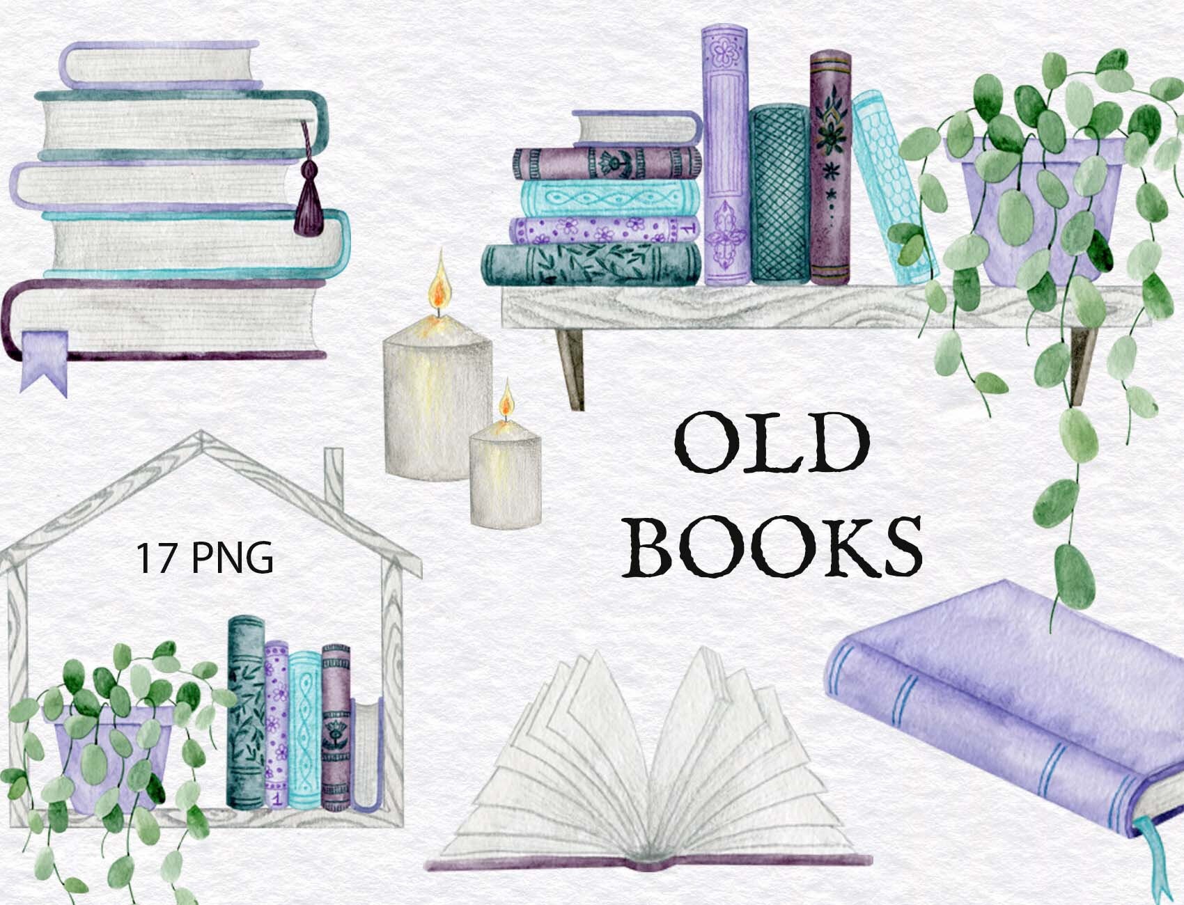 Vintage Books Watercolor Clipart. Back to School Clipart. Library ...