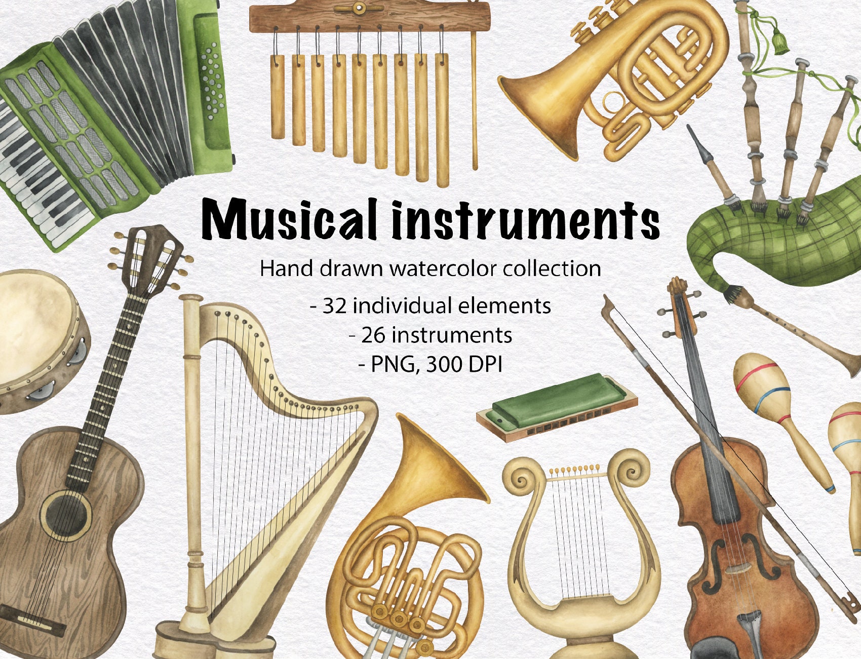 Musical Instruments Set. Watercolor Clipart Collection. Guitar, Violin ...