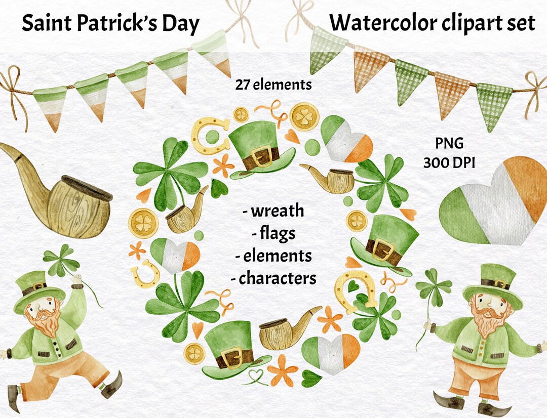 Saint Patricks Day. Watercolor Clipart. Leprechaun Characters. Greeting ...