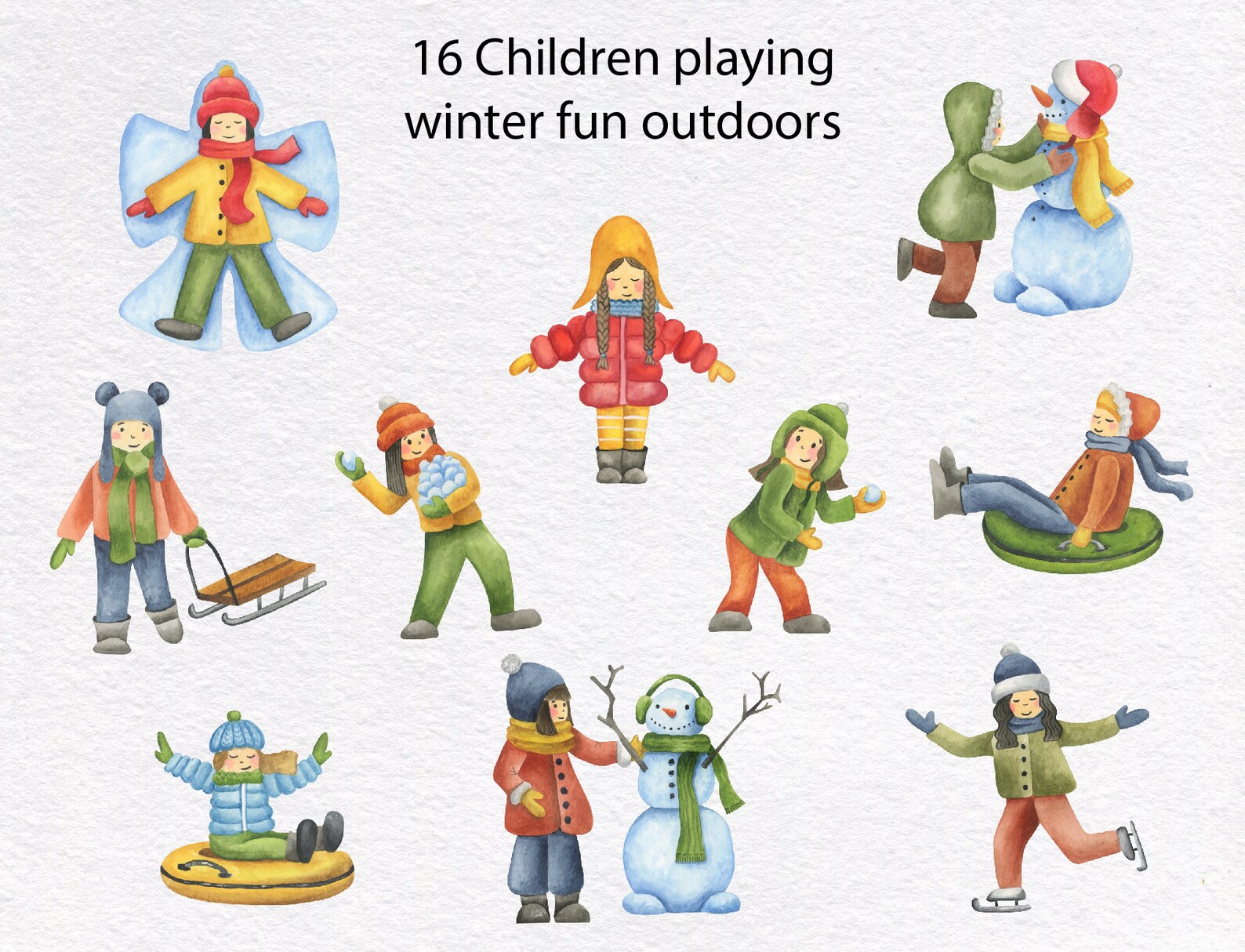 Children Winter Fun Outdoors. Watercolor Christmas Clipart. Winter ...