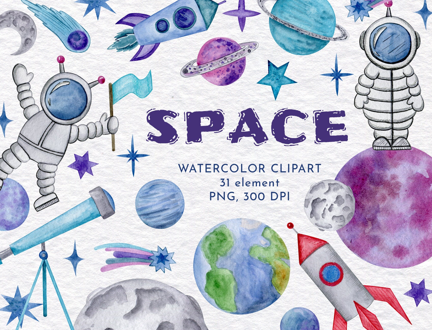 Watercolor Space Clipart. Little Astronaut Clipart. Planets Watercolor ...