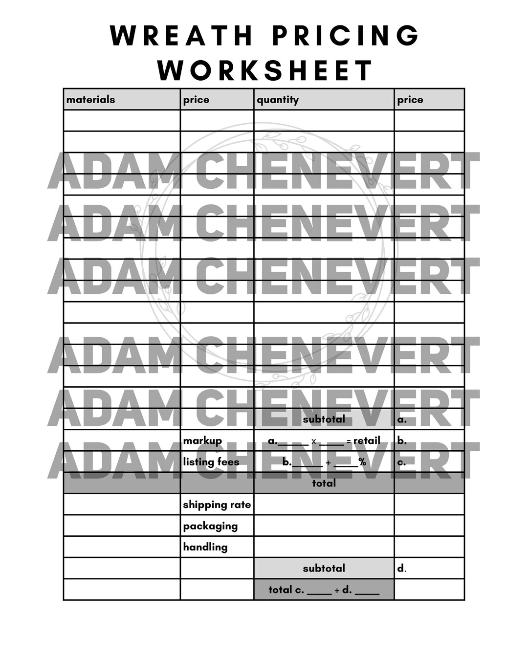 Wreath Pricing Worksheet Digital Download Instant PDF Download - Etsy