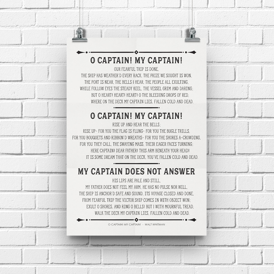 O Captain My Captain, Walt Whitman, Poem Print, Poetry Lover Gift, Poem ...