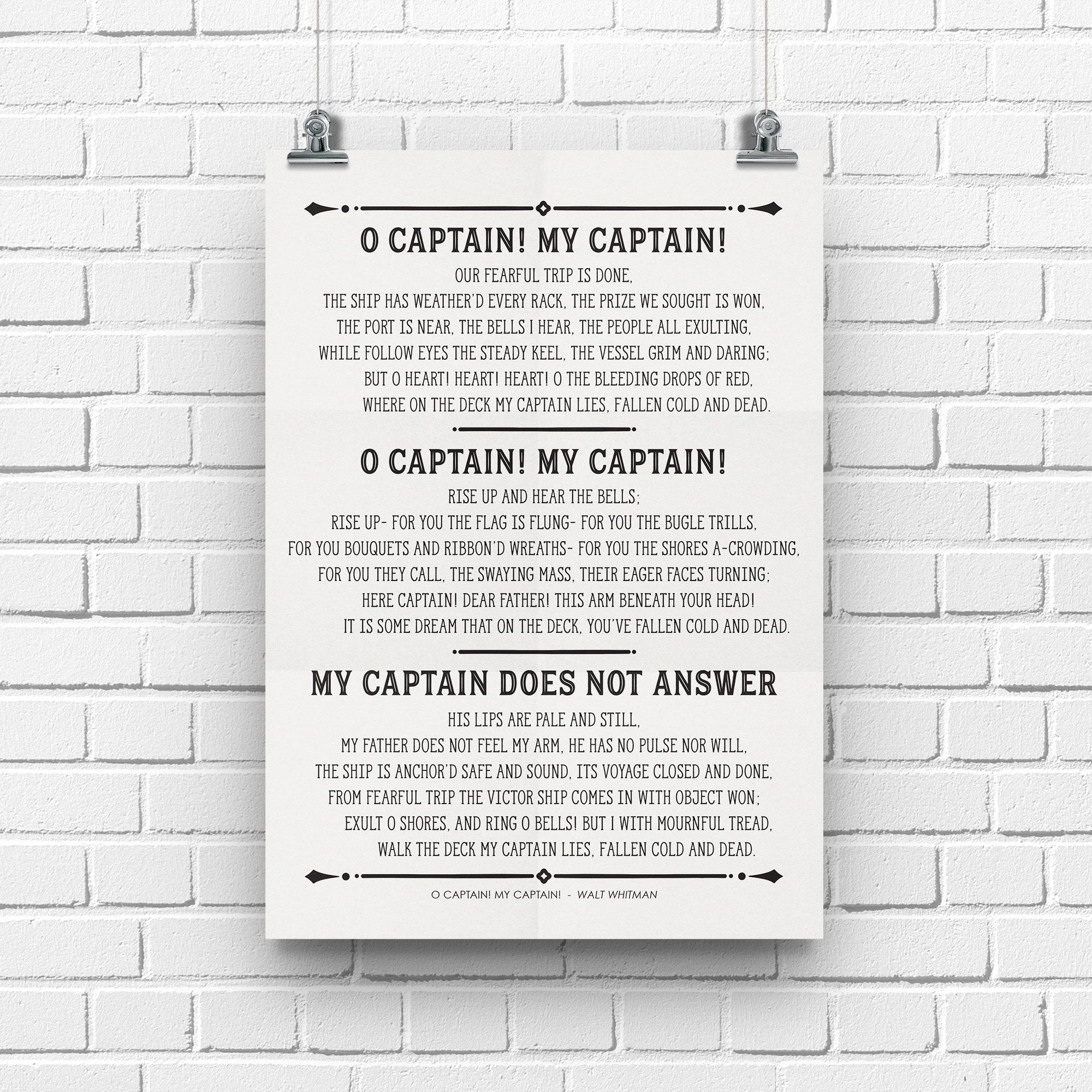 O Captain My Captain Walt Whitman Poem Print Poetry Lover | Etsy