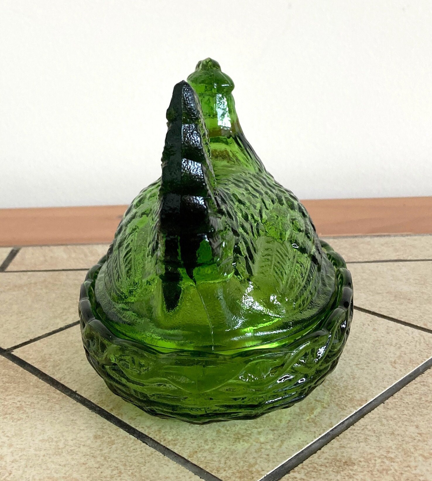 Vintage LE Smith Emerald Green Glass Hen W/chicks on Nest Covered Dish ...