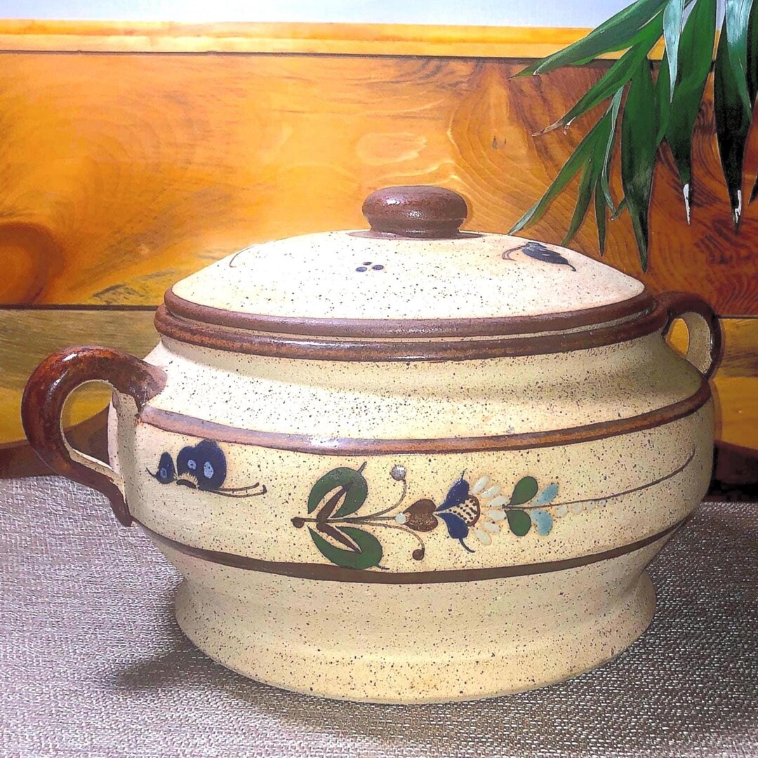 Vintage Mexican Sandstone Pottery Tureen: Butterfly Floral Design, 3 ...