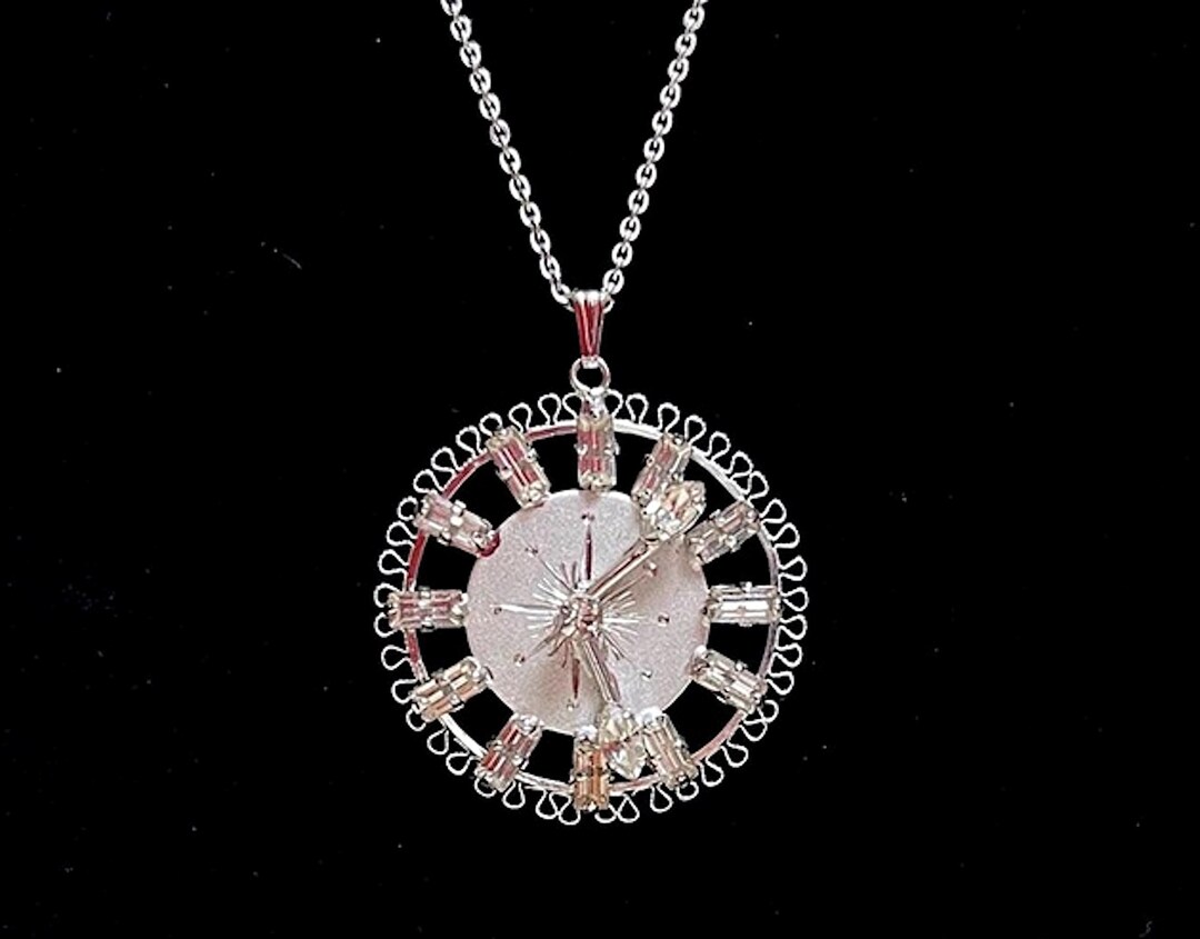 Vintage Sterling Silver 925 Clock Face W/rhinestones Pendant W/necklace ...