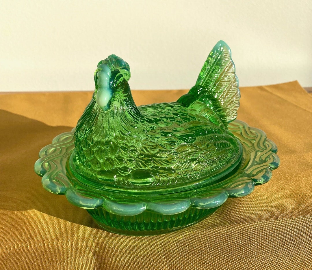 Vintage Mosser HEN ON NEST 2 Piece Candy Dish Green - Etsy