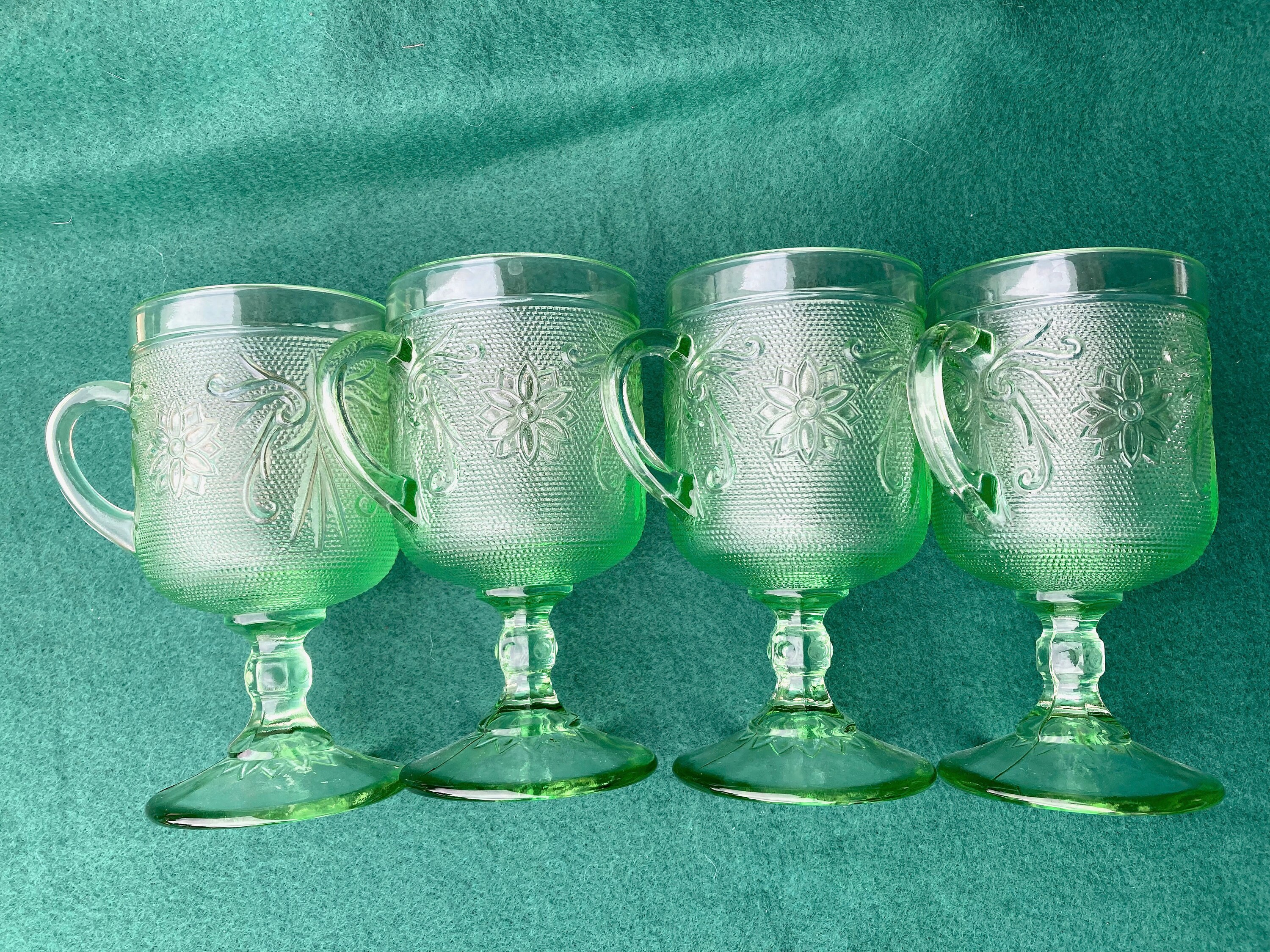 Vintage - 1950's, Four Tiara Chantilly Green Glass Mugs, Indiana Glass ...
