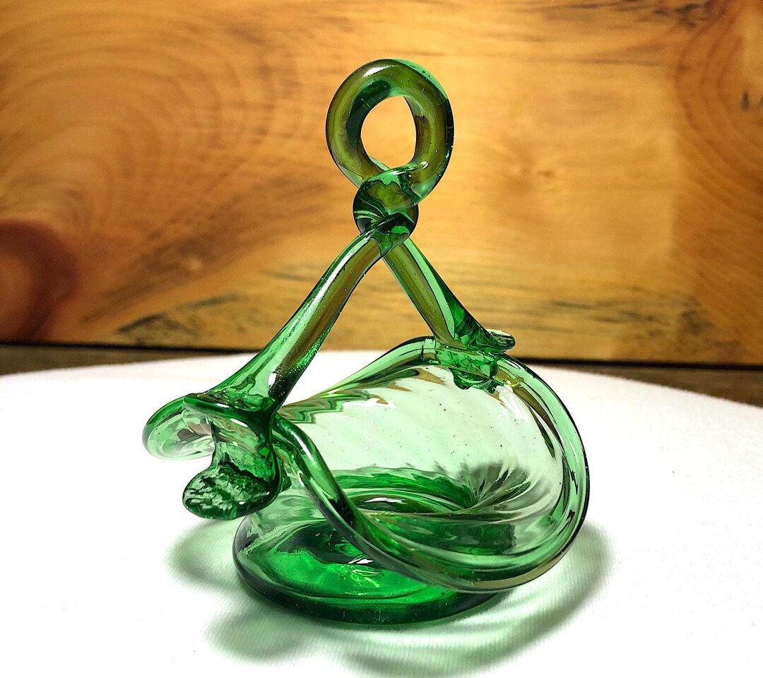Vtg. Miniature Hand Blown Green Glass Basket With Twisted Single Handle ...