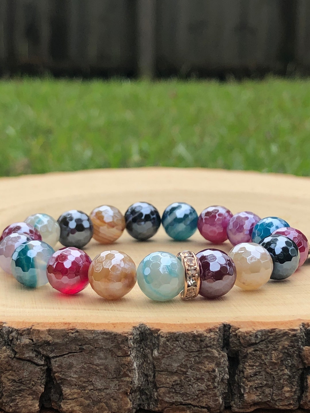 Mystic Faceted Agate Bracelet With Rose Gold Rhinestone Rondelle - Etsy