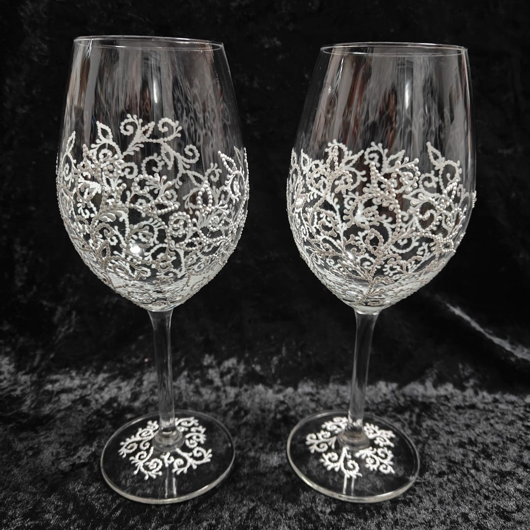 Lace Handpainted 2 Wine Glasses, Elegant Glassware Decor, Wedding or ...