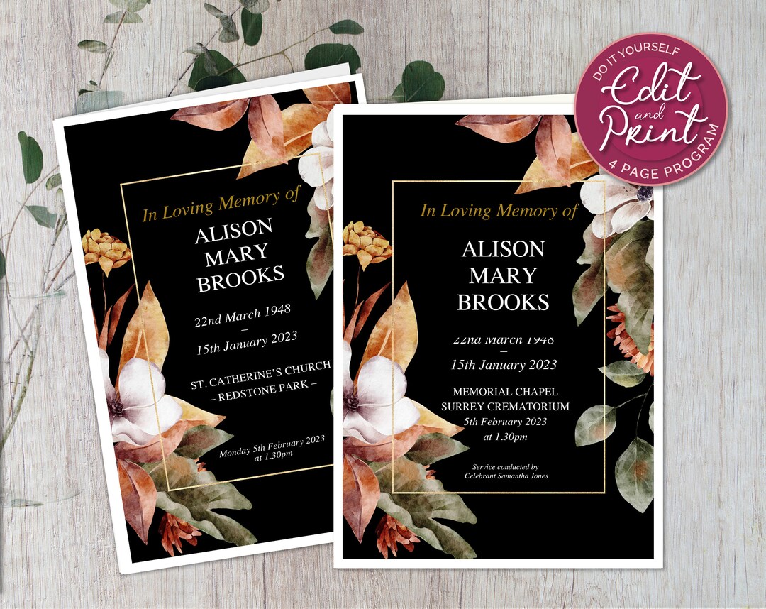Floral Funeral Program Template, Black With Flowers Funeral Order of ...