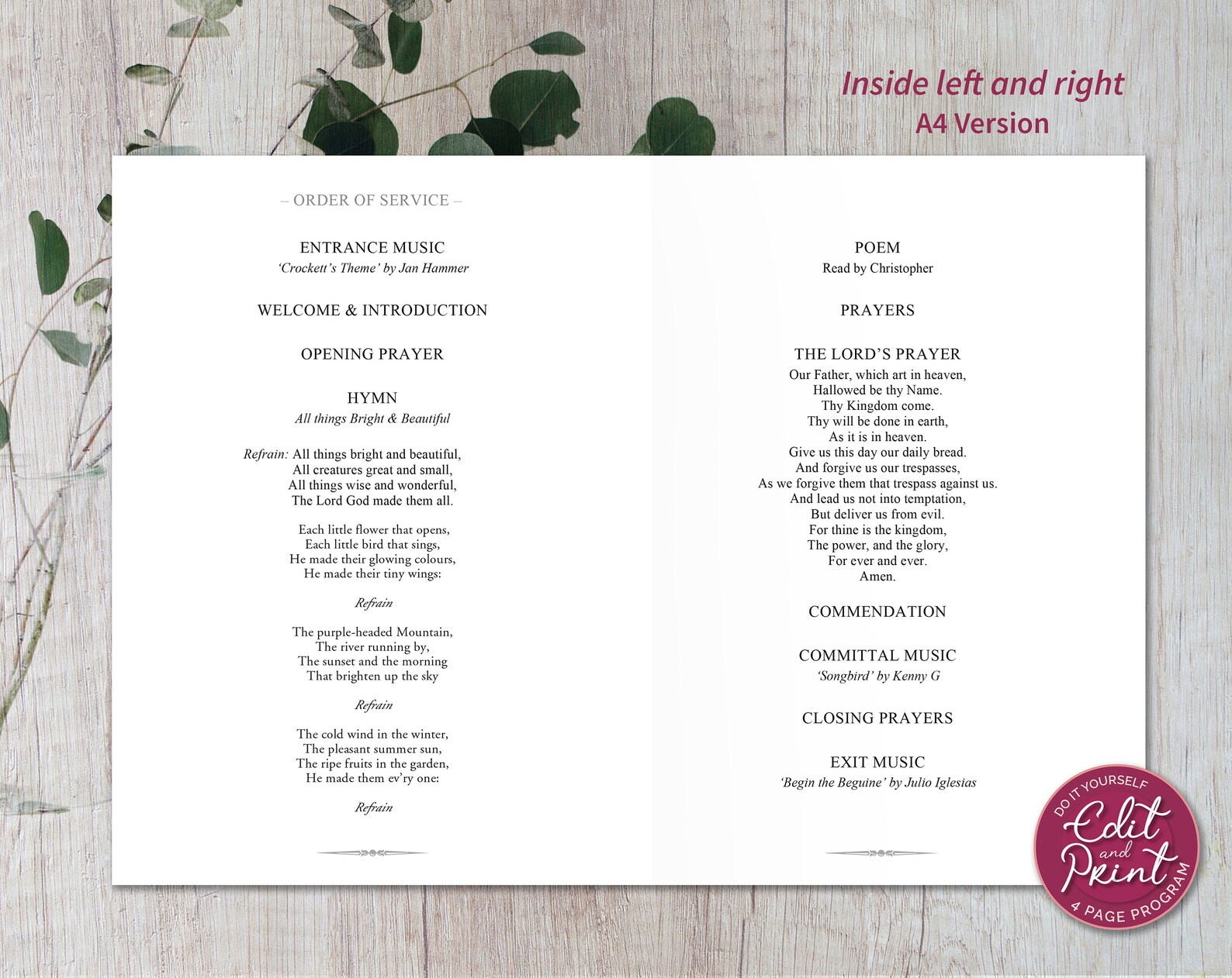 Classic Funeral Program Template, Funeral Order of Service, Obituary ...