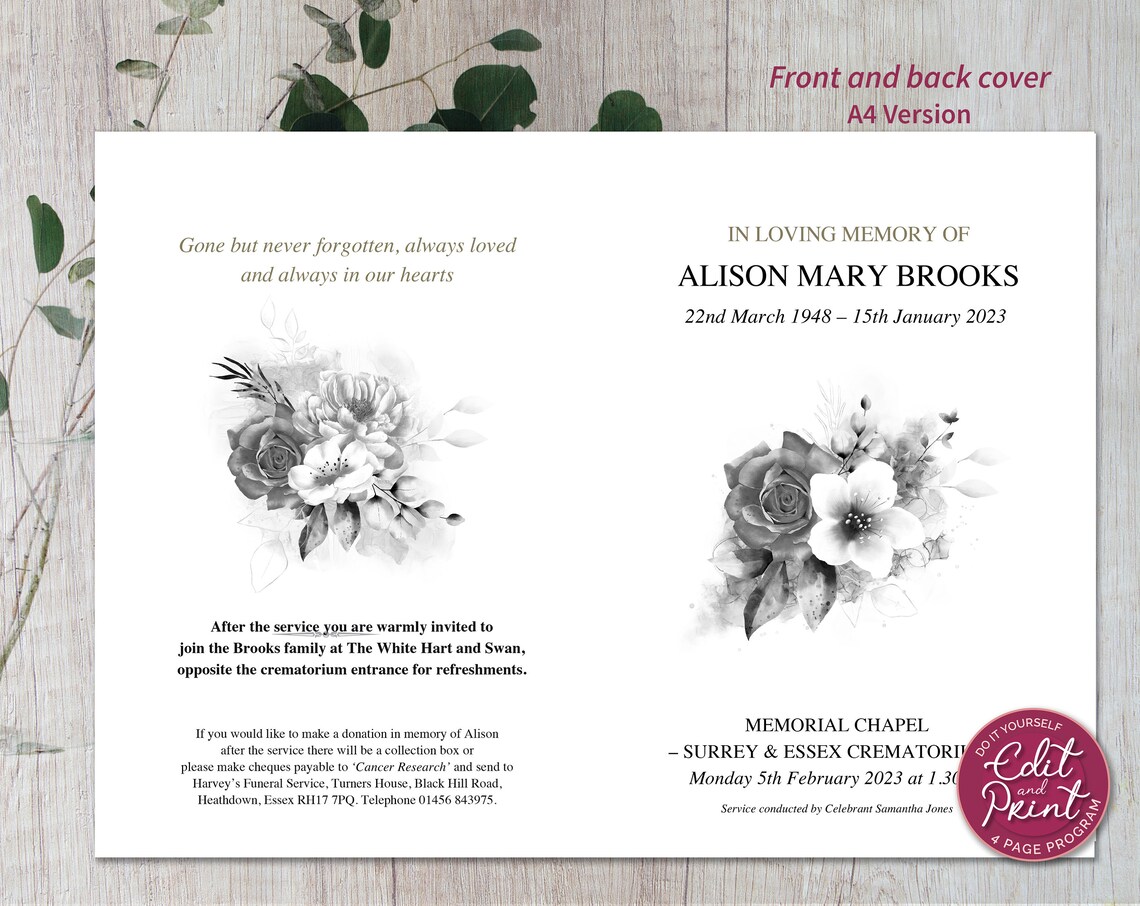 Floral Funeral Program Template, Mono Flowers Funeral Order of Service ...