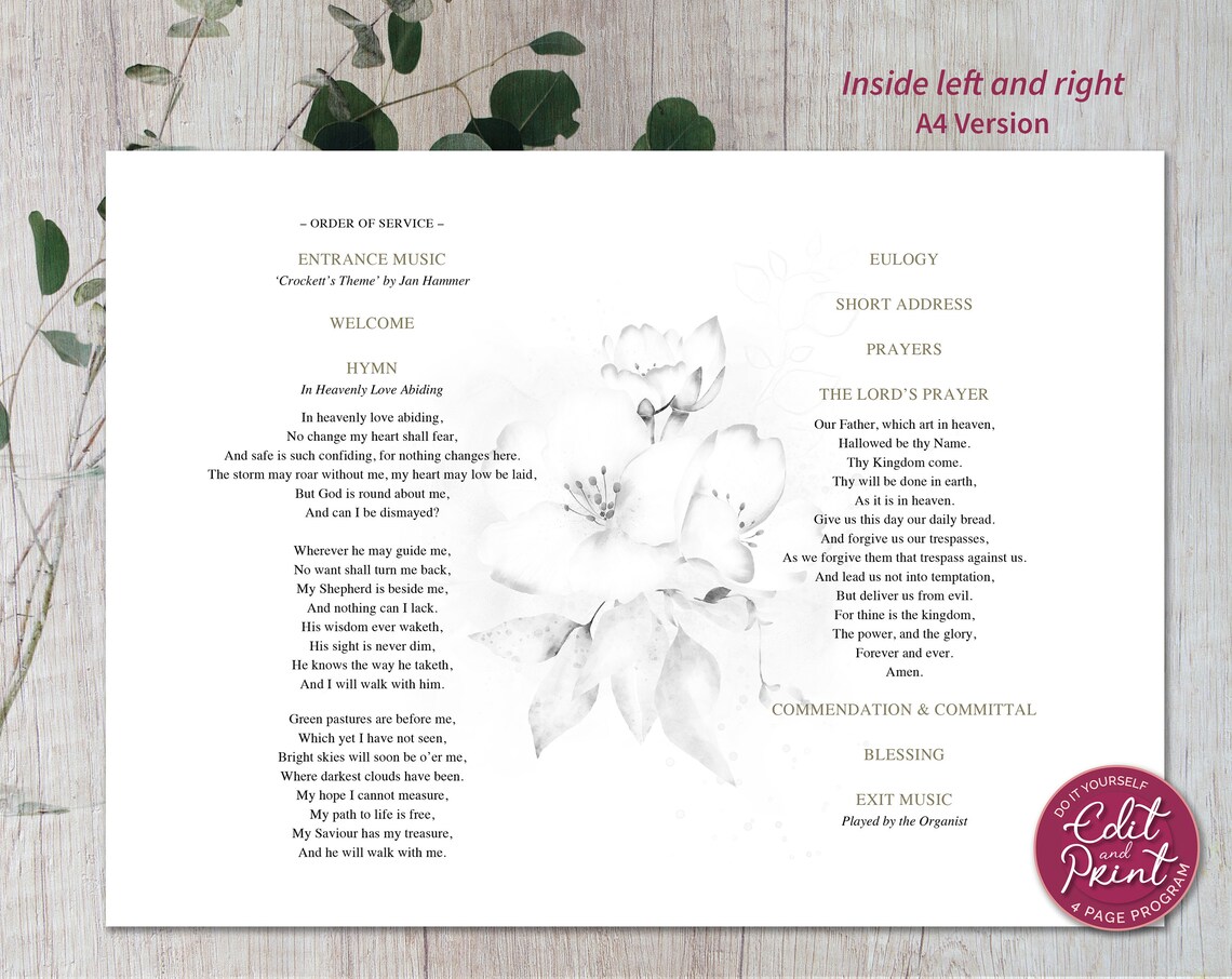 Floral Funeral Program Template, Mono Flowers Funeral Order of Service ...