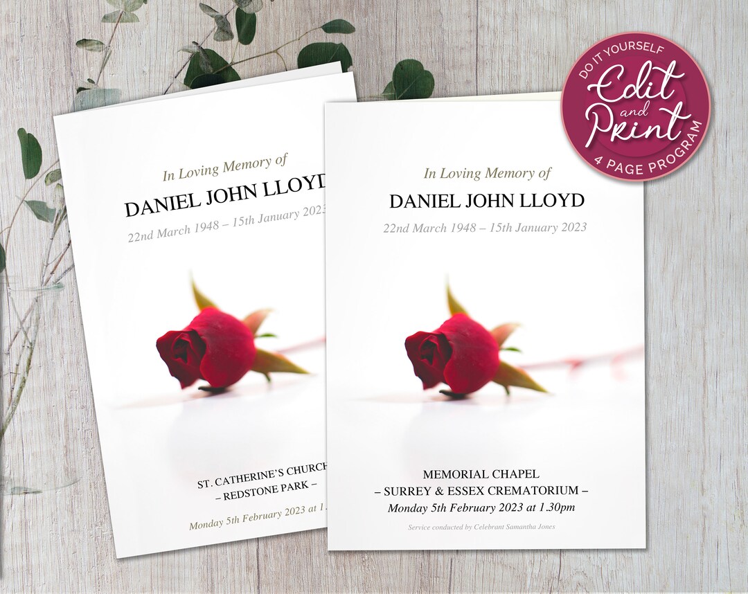 Floral Funeral Program Template, Red Rose Funeral Order of Service ...
