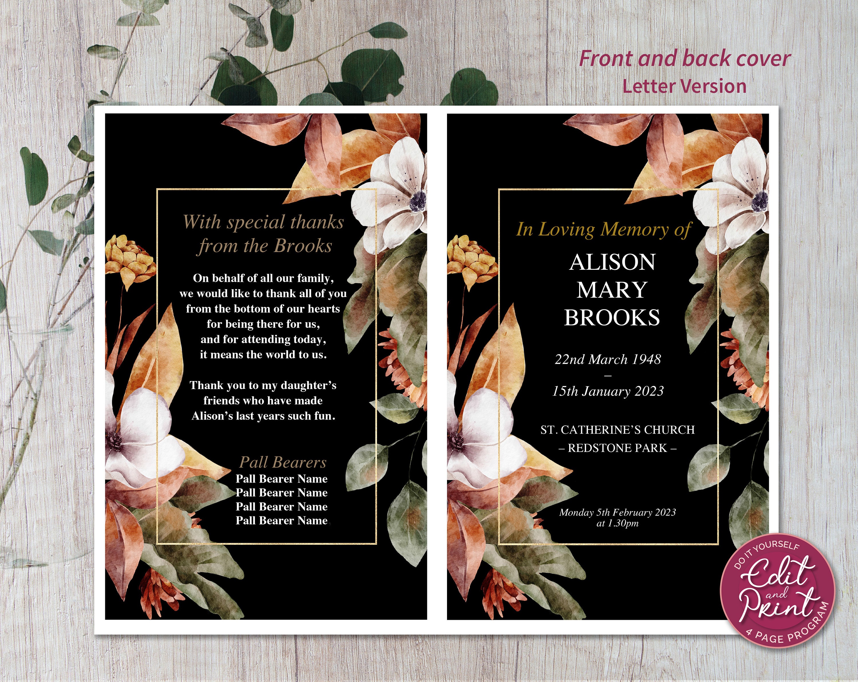 Floral Funeral Program Template, Black With Flowers Funeral Order of ...