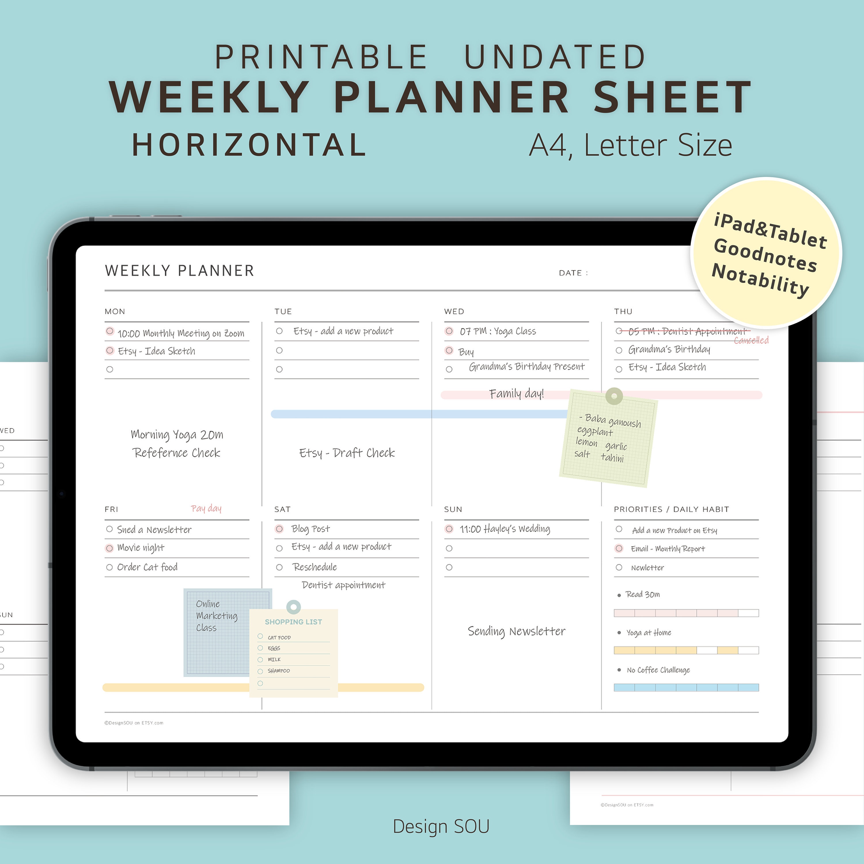 Undated Printable Weekly Planner Sheet Ver.2 Horizontal - Etsy