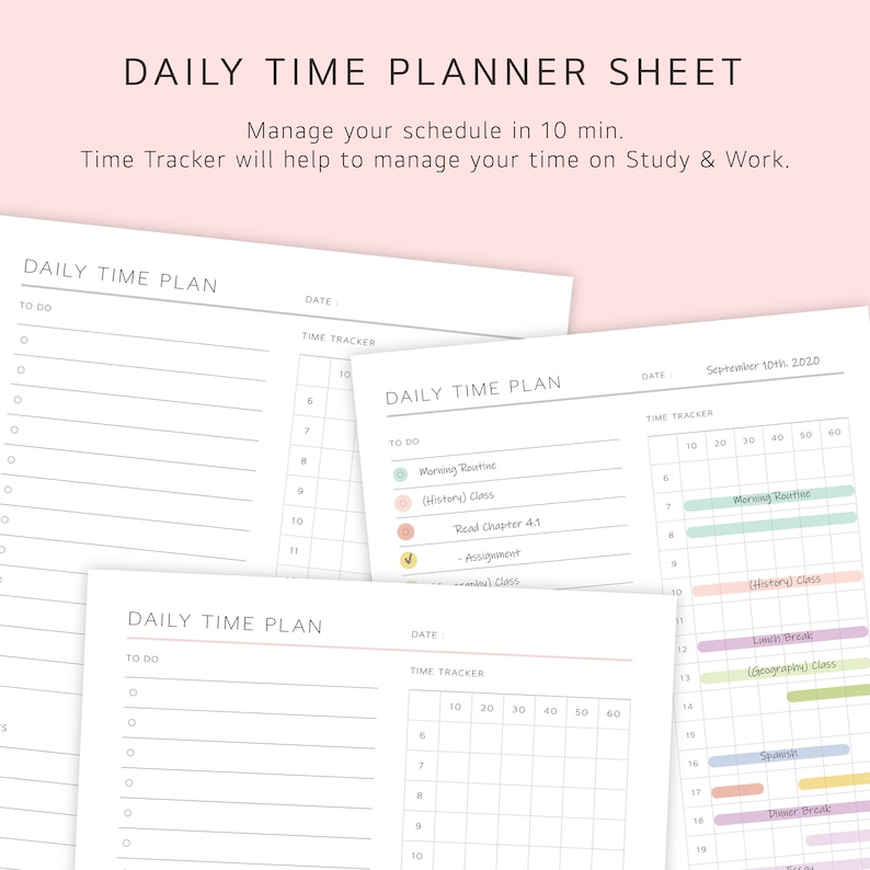 Printable Daily Time Planner Sheet Undated for Study & Work Digital A4 ...