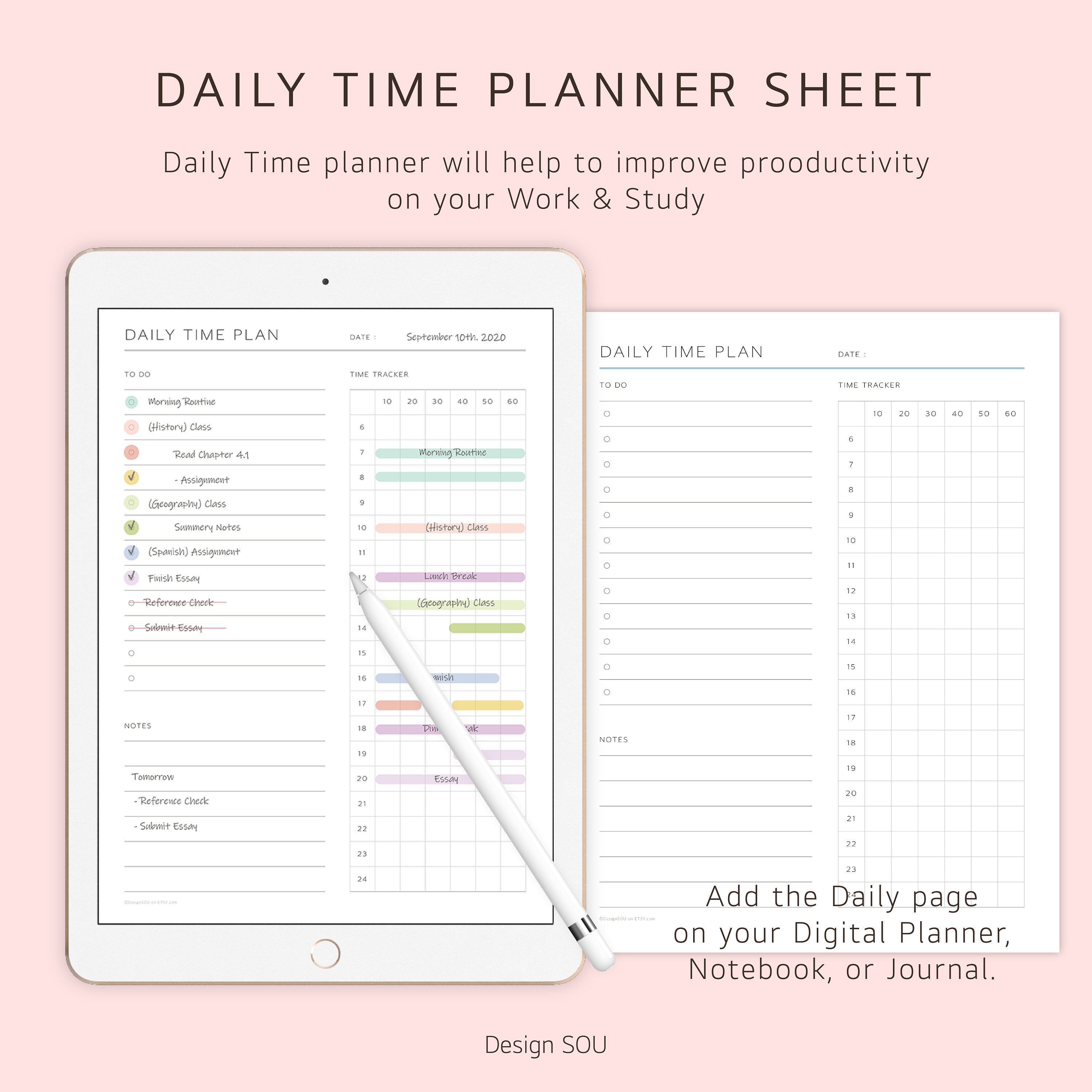 Printable Daily Time Planner Sheet Undated for Study & - Etsy Canada