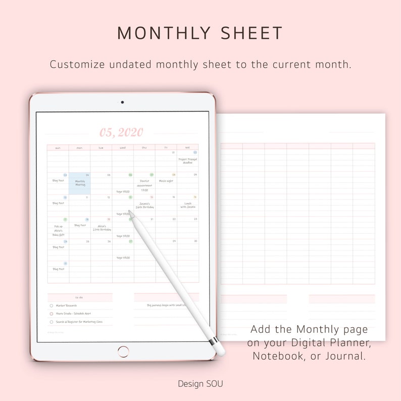 Digital Monthly Planner Sheet for iPad Undated Calendar Goodnote ...