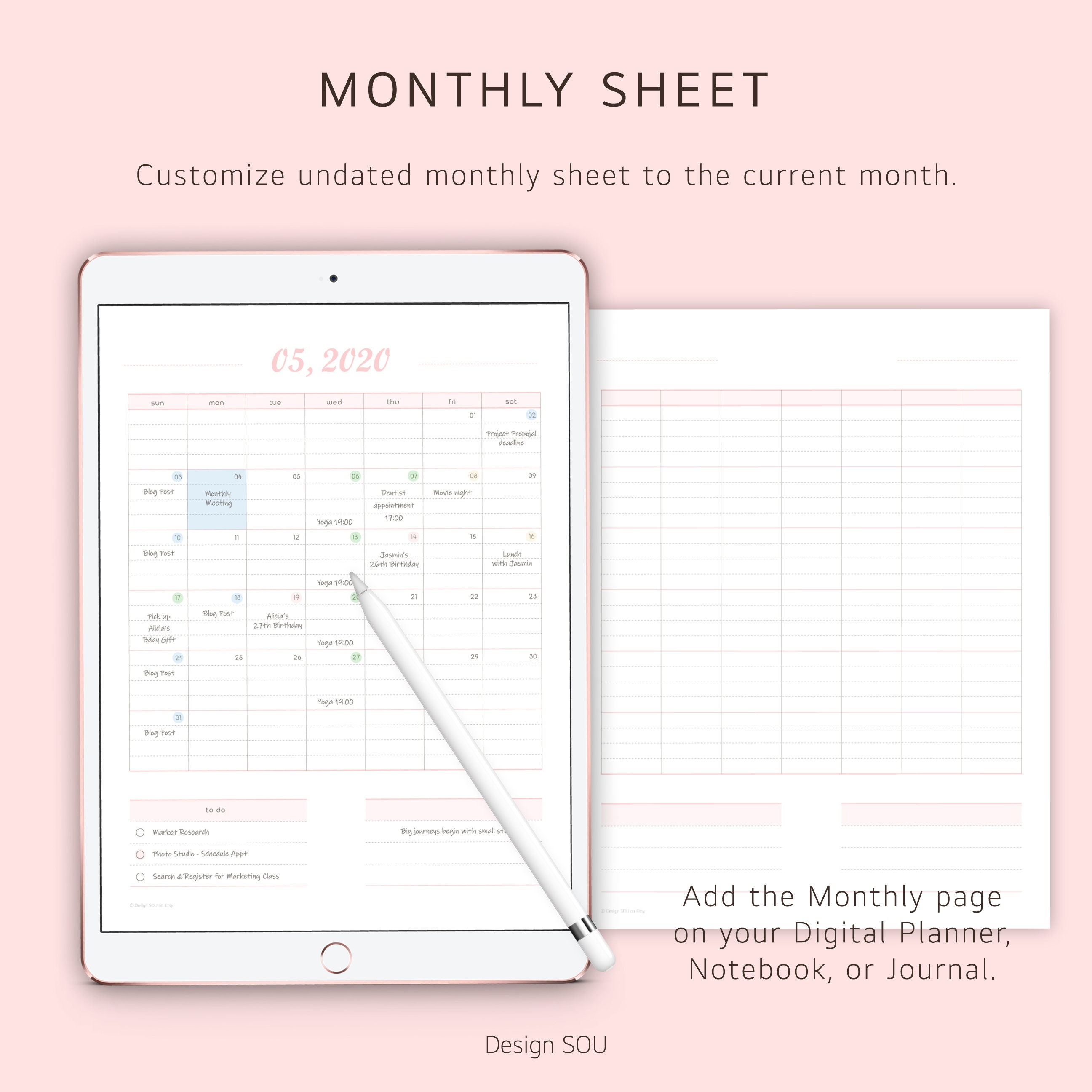 Digital Monthly Planner Sheet for iPad Undated Calendar Goodnote ...