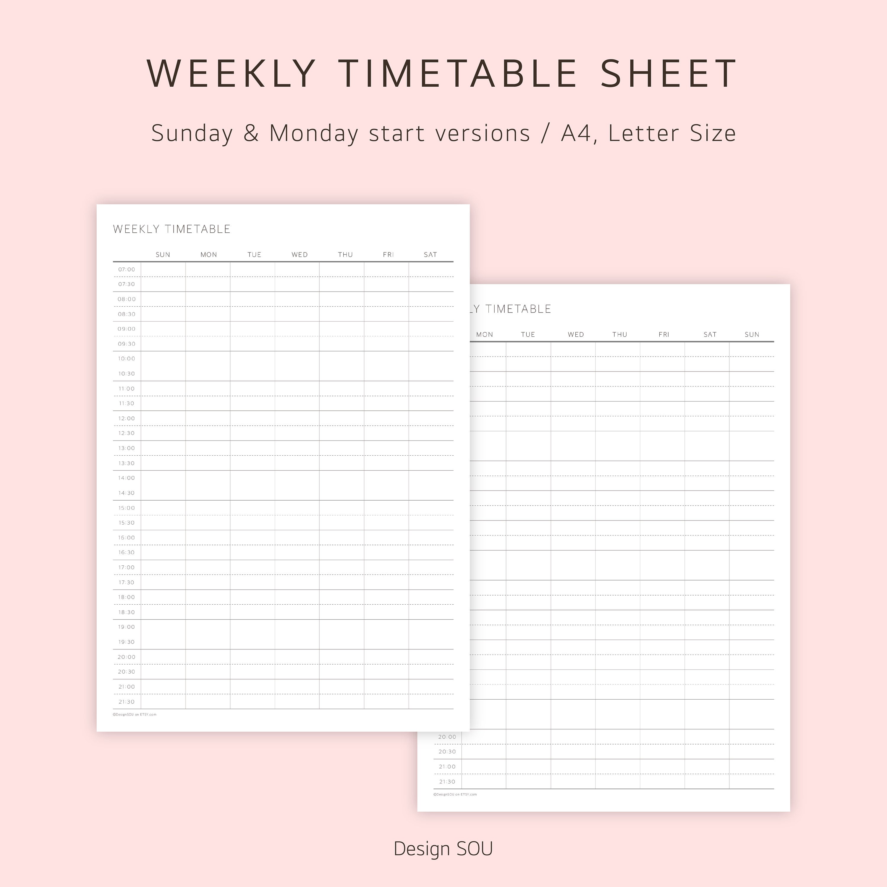 Weekly Timetable Sheet Printable Planner Insert Digital - Etsy