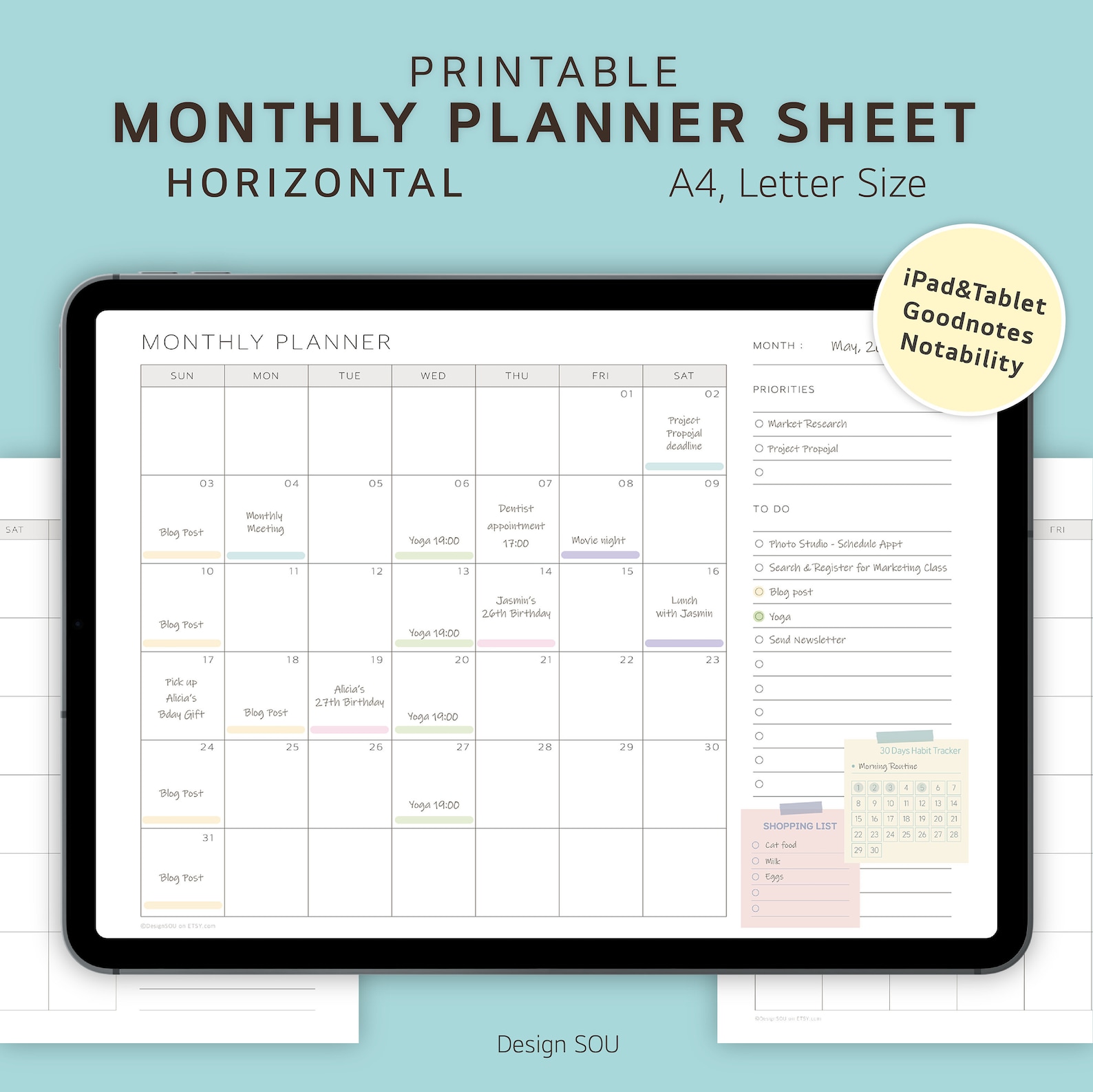 Undated Printable Monthly Planner Sheet | Landscape | Digital | A4 ...