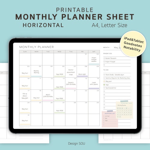 Undated Printable Monthly Planner Sheet Landscape Digital - Etsy