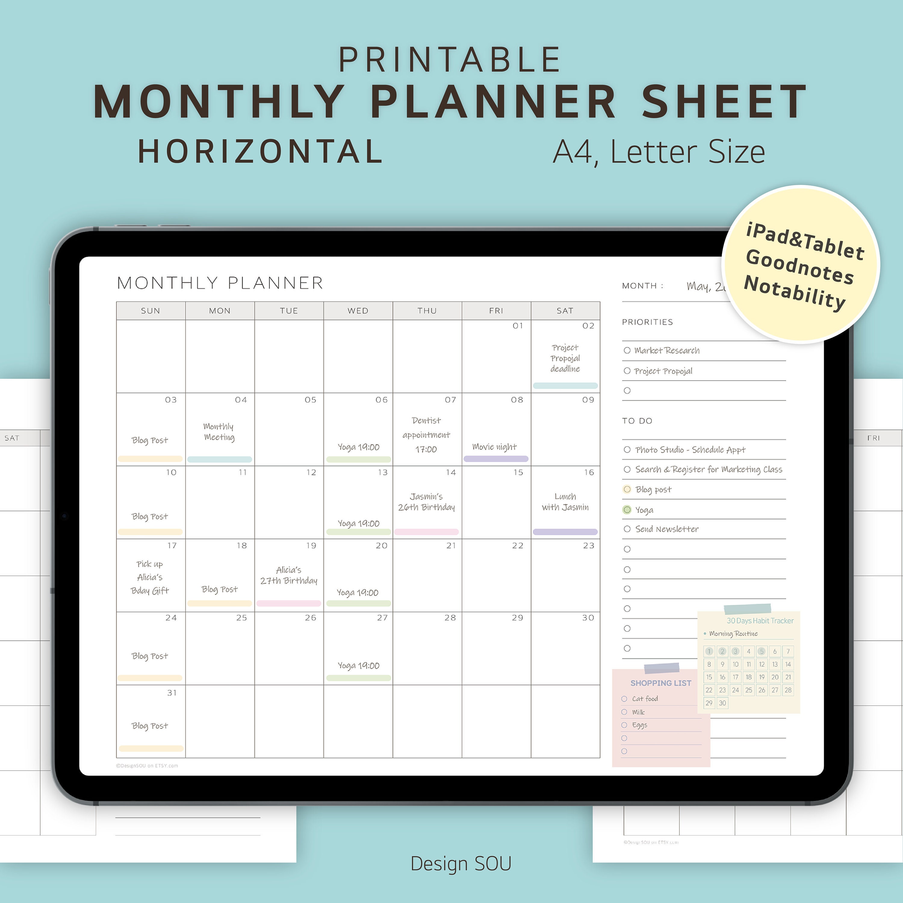 Undated Printable Monthly Planner Sheet | Landscape | Digital | A4 ...