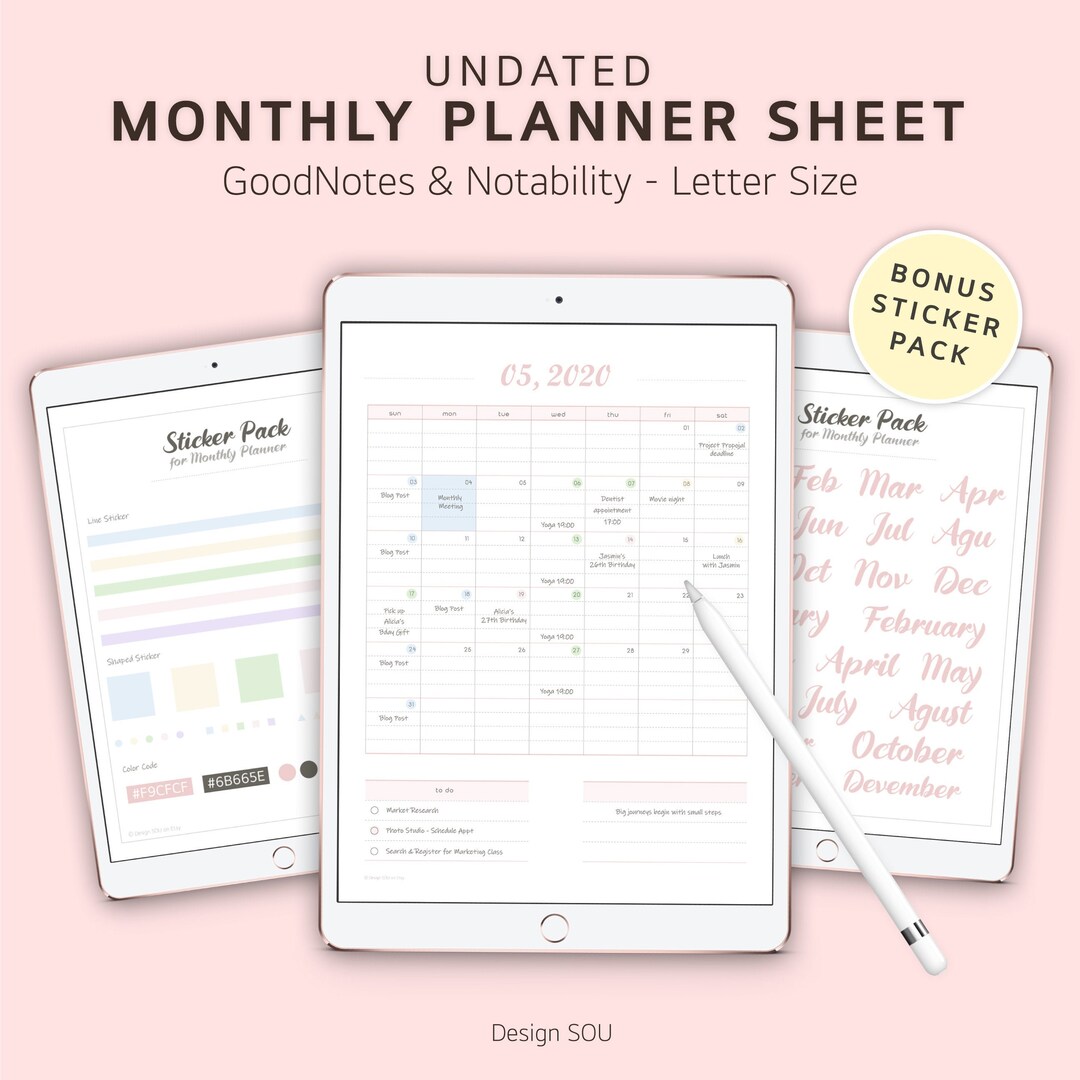 Digital Monthly Planner Sheet for iPad Undated Calendar Goodnote ...