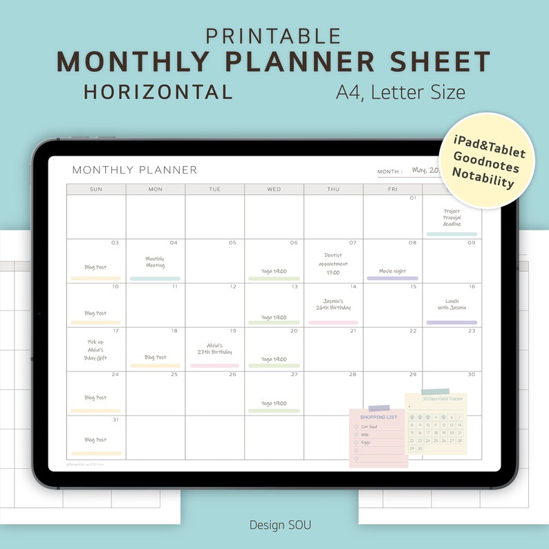 Undated Minimal Monthly Planner Sheet Landscape Printable Digital A4 ...