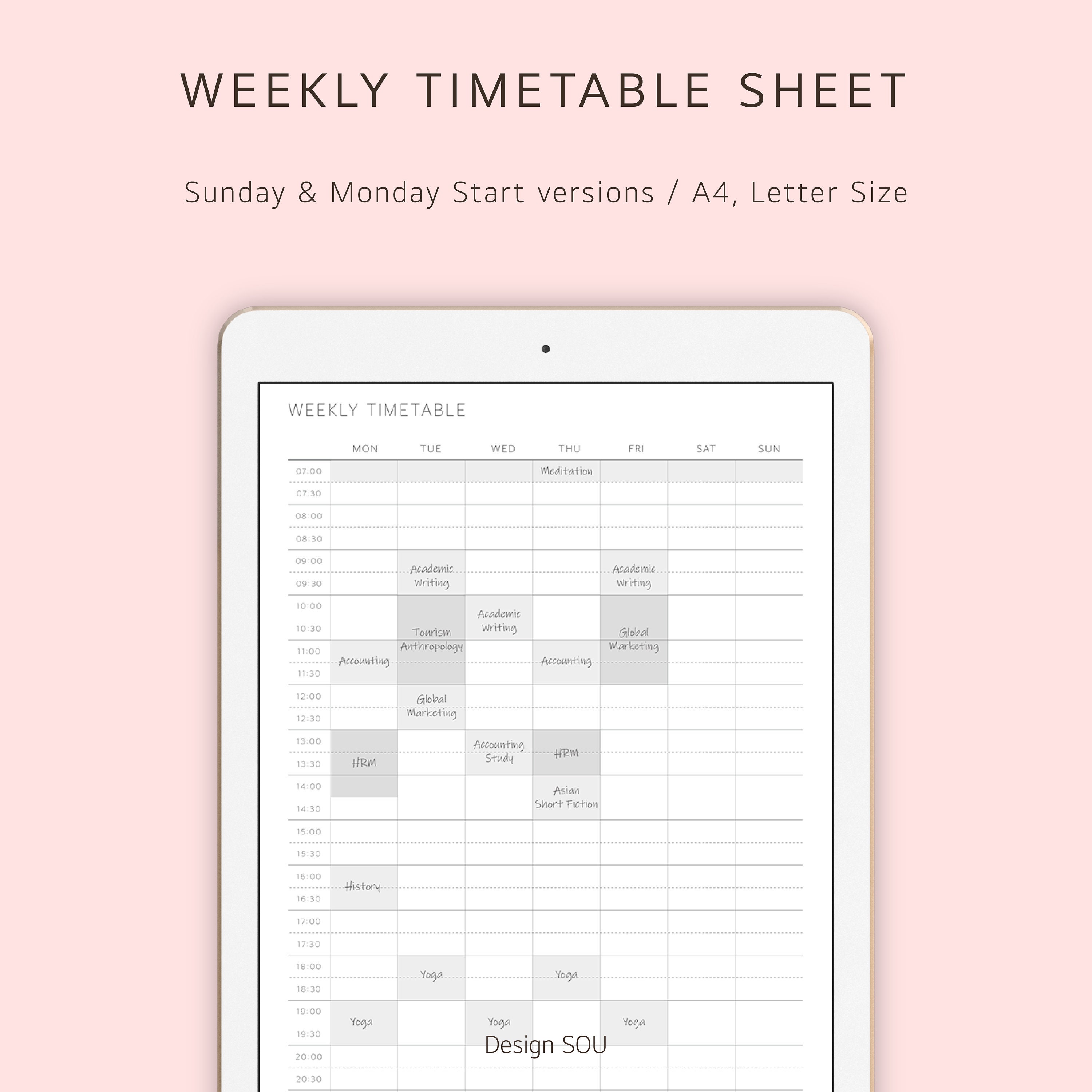 Weekly Timetable Sheet Printable Planner Insert Digital - Etsy