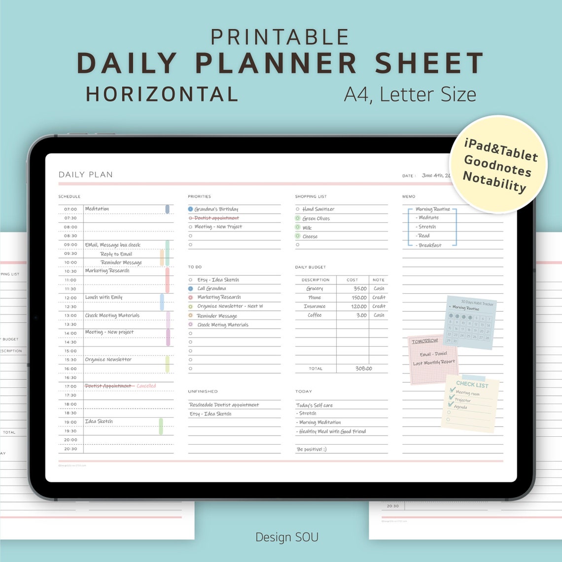 Undated Printable Daily Planner Sheet Horizontal Digital - Etsy