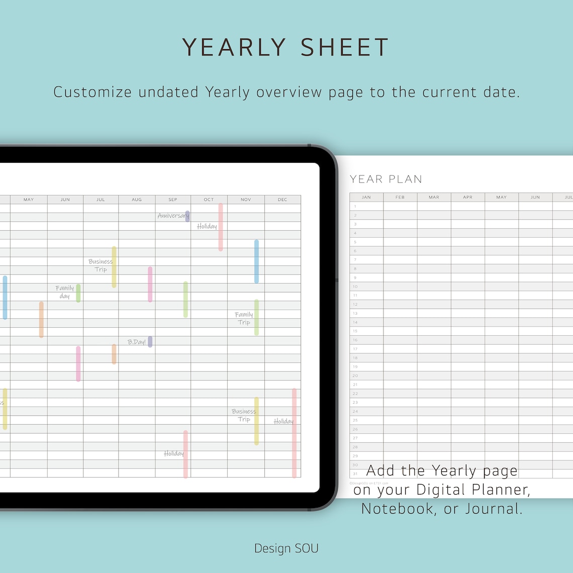 Undated Printable Yearly Planner Sheet | Horizontal | Digital | A4 ...