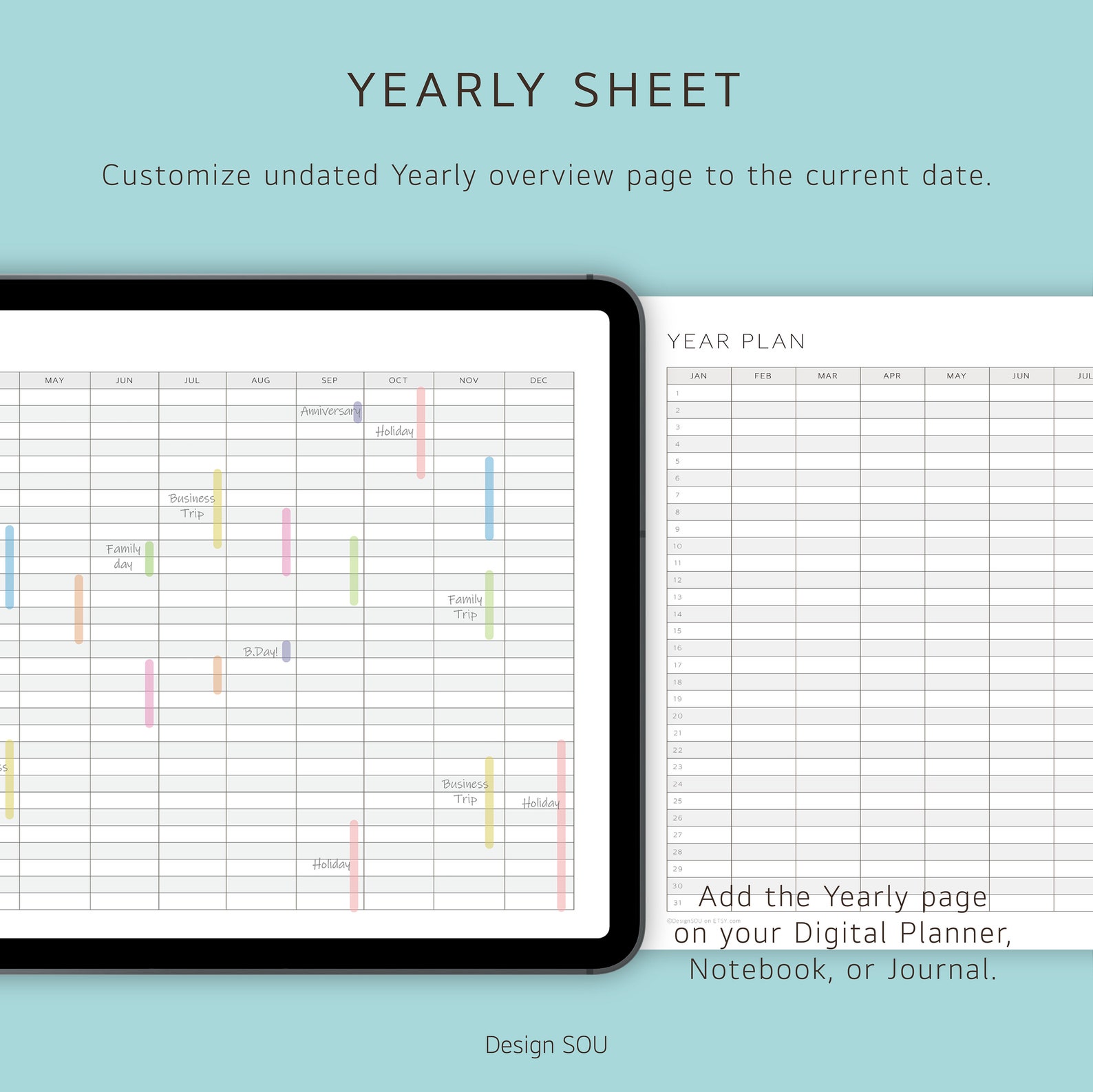 Undated Printable Yearly Planner Sheet | Horizontal | Digital | A4 ...
