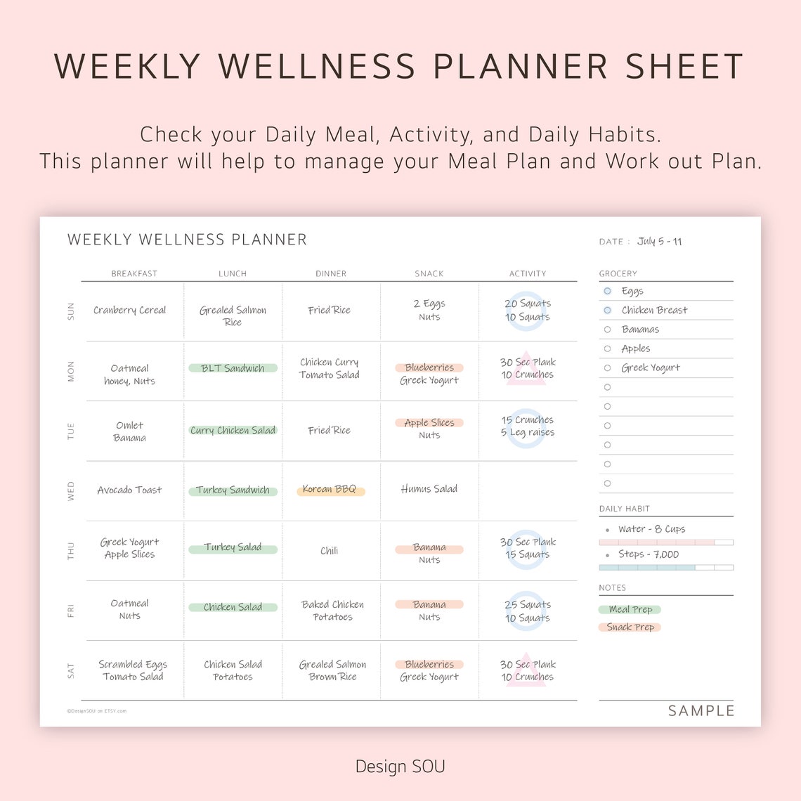Undated Weekly Wellness Planner Printable A4 Letter - Etsy