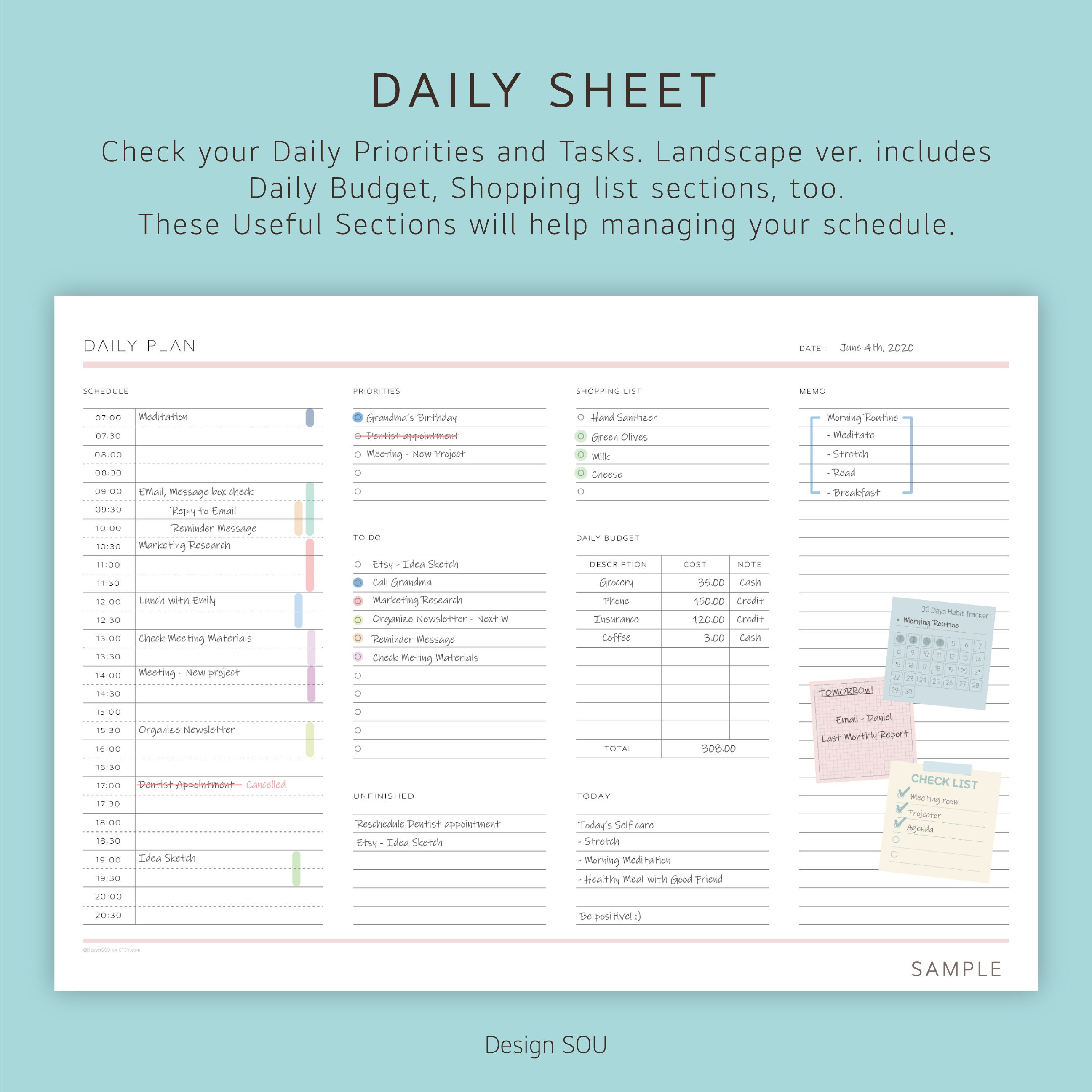 Undated Printable Daily Planner Sheet Horizontal Digital - Etsy