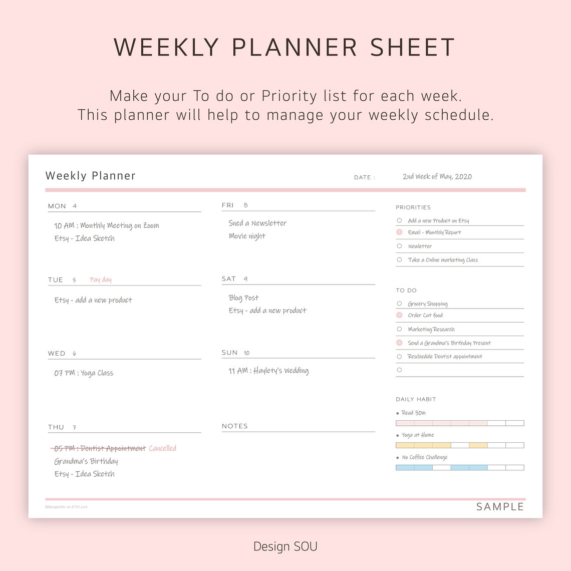 Undated Printable Weekly Planner Sheet Horizontal Digital - Etsy