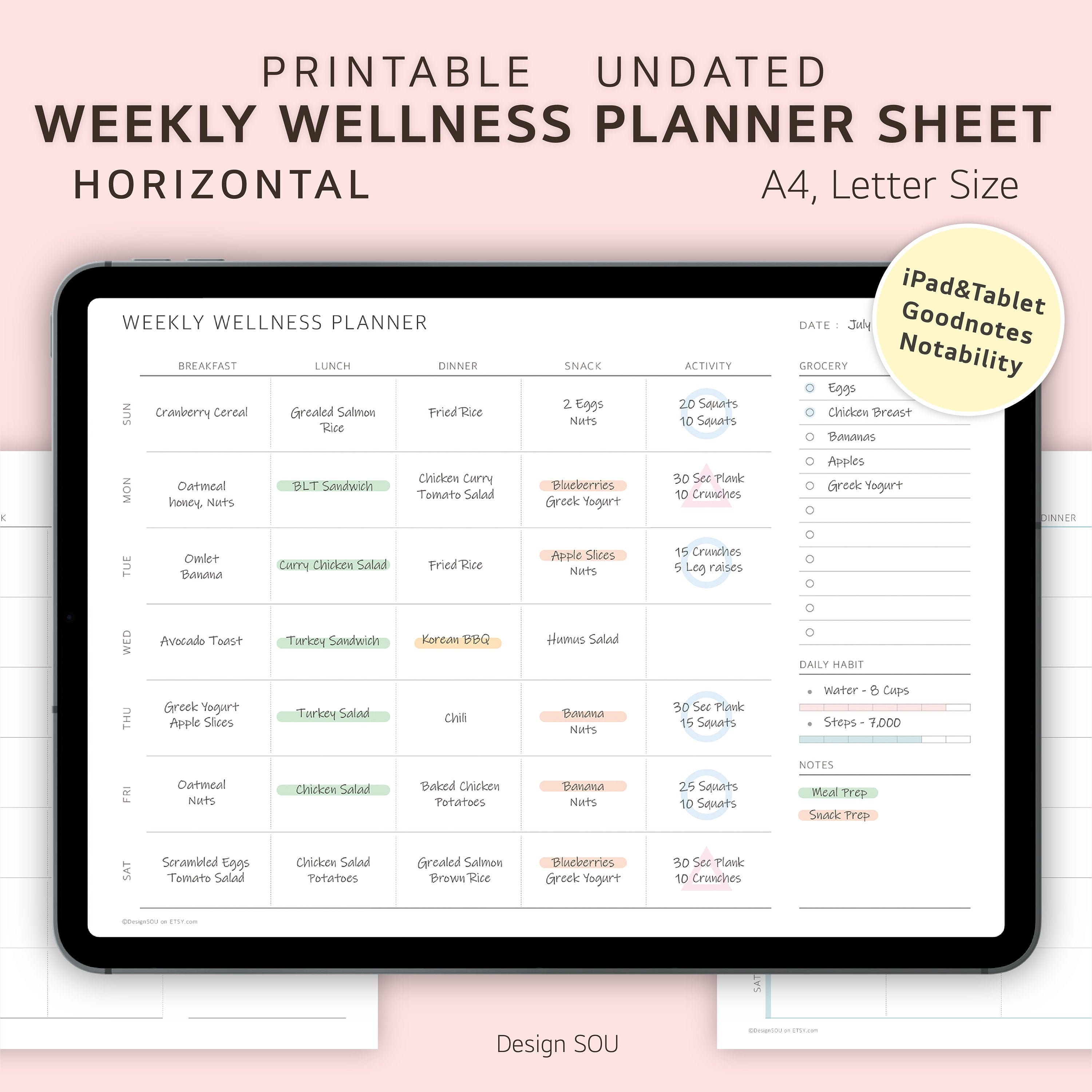 Undated Weekly Wellness Planner | Printable | A4 + Letter - Etsy