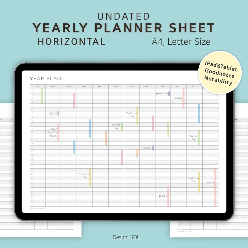 Undated Printable Yearly Planner Sheet | Horizontal | Digital | A4 ...