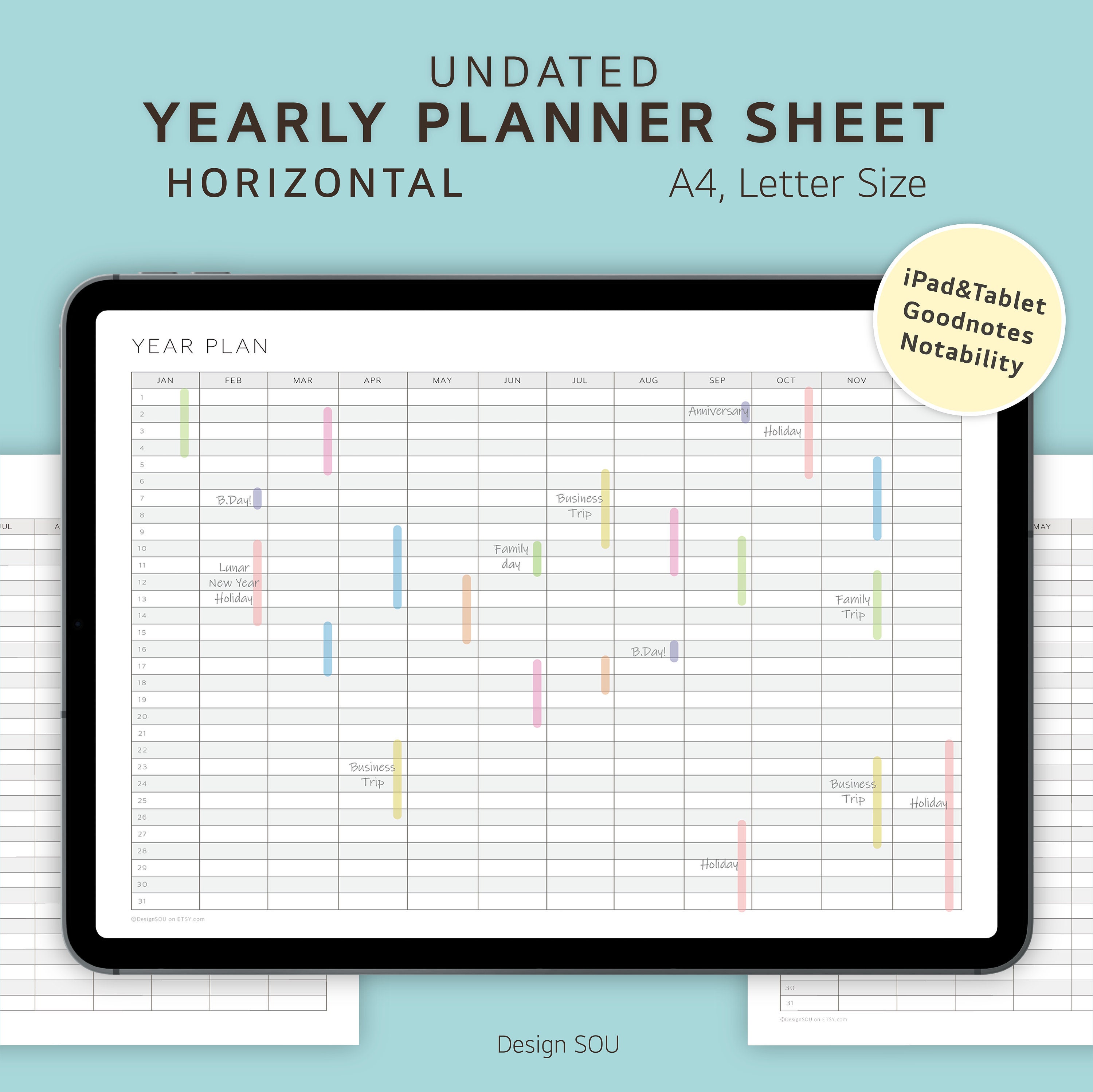 Undated Printable Yearly Planner Sheet | Horizontal | Digital | A4 ...